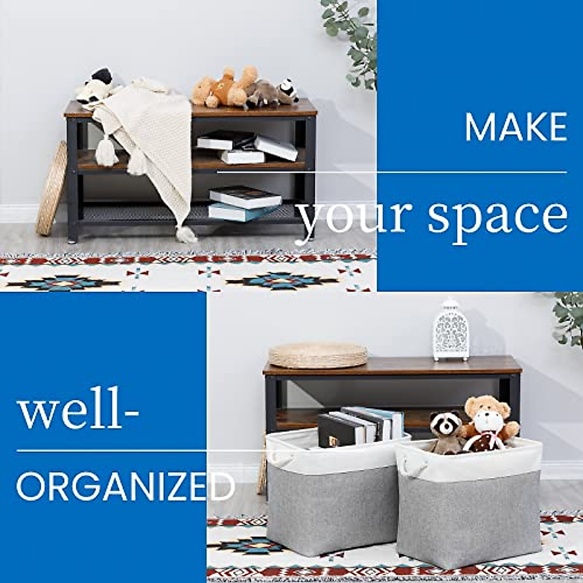 Bidtakay Large Storage Bins for Clothes Fabric Deep Baskets for Organizing Set of 2 Grey Fabric Pantry Storage Bins for Hallway Living Room Blankets 17x12x15 in Extra Large Shelf Tote Baskets