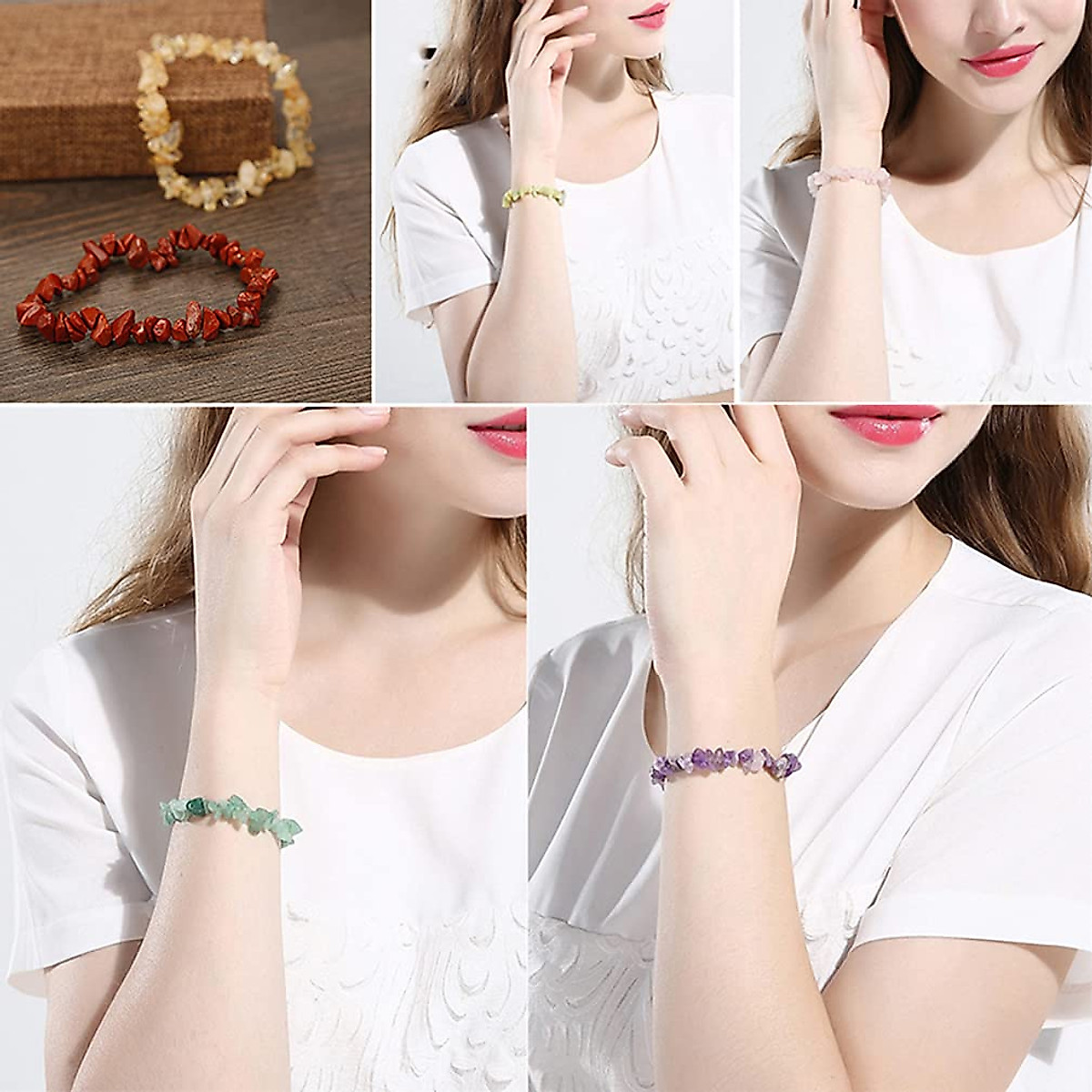 Jewdreamer 20Pcs Natural Gemstone Bracelets Chakra Crystal Irregular Chips Beads Stretch Bracelets for Women Align Chakras/Conquer Fear/Increase Communication Reiki