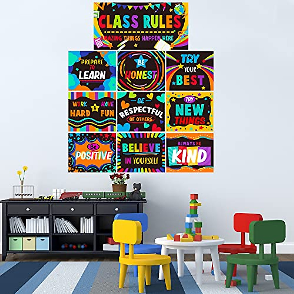 Tevxj 10 pieces Classroom Rules Poster for Classroom Decorations, Laminated Motivational Classroom Bulletin Board Set for Kindergarten Preschool Primary Middle High School