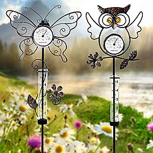 Juegoal 31.5 Inch Rain Gauge with Thermometer, Butterfly & Owl Garden Stakes Decor, Waterproof Rustproof Metal Yard Art Outdoor Lawn Pathway Patio Decorations, Set of 2