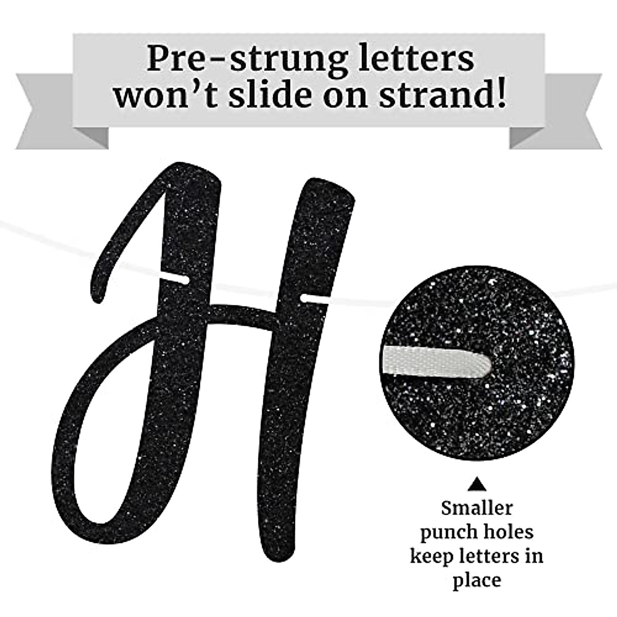 Pre-Strung Happy Birthday Banner - NO DIY - Black Happy Birthday Banner For Men & Women - Pre-Strung Script Garland on 6 ft Strands - Glitter Birthday Party Decorations & Decor. Did we mention no DIY?