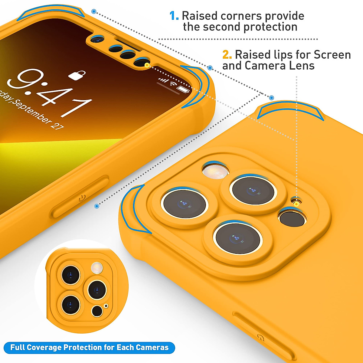 ORETECH for iPhone 13 Pro Max Case, with [2 x Screen Protectors] [15 Ft Military Grade Drop Test] [Camera Protection] 360° Shockproof Slim Thin Phone Case for iPhone 13 Pro Max Cover 6.7" - Yellow