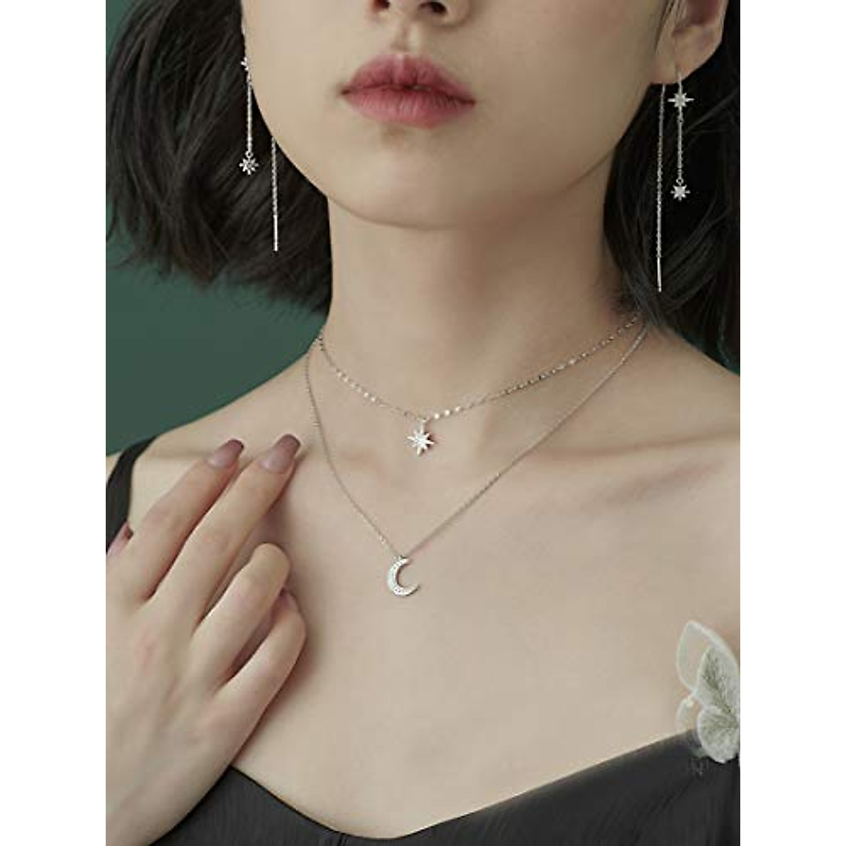 SLUYNZ 925 Sterling Silver Layered Necklace Chain Star Moon Choker Necklace for Women Teen Girls Layering Chain Choker (A-Silver)