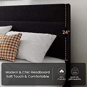 SHA CERLIN King Platform Bed Frame with Velvet Upholstered Headboard, Mattress Foundation with Strong Wooden Slats Support, No Box Spring Needed, Black