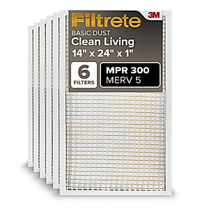 Filtrete 14x24x1 AC Furnace Air Filter, MERV 5, MPR 300, Capture Unwanted Particles, 3-Month Pleated 1-Inch Electrostatic Air Cleaning Filter, 6-Pack (Actual Size13.81x23.81x0.81 in)