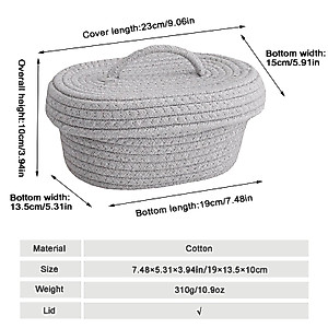 Cotton Rope Storage Basket with Lid,Desktop Storage Box,Multifunctional Handmade Oval Woven Basket,Sundries Storage Basket,Lidded Woven Storage Bin for Makeup Sundries Snack Needles(Grey)