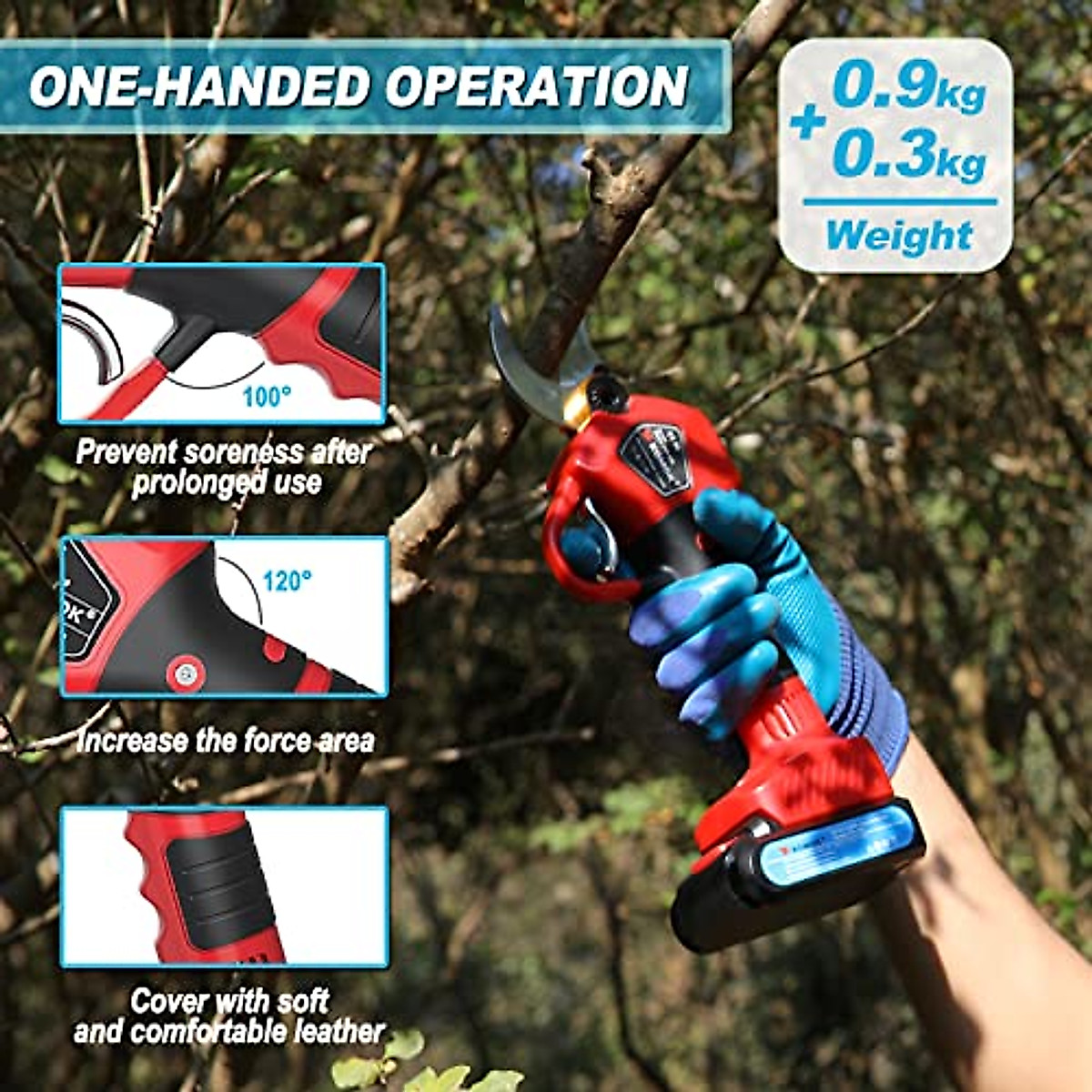 KOMOK Electric Pruning Shears, Professional Cordless Pruning Shears with 2PCS Backup Rechargeable 2Ah Battery Powered Tree Branches Pruner, 30mm 1.2" Cutting Diameter, 6-8 Working Hours