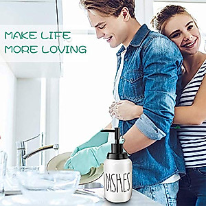 Soap Dispenser–Modern Farmhouse Style Ceramic Dishes Liquid Soap Dispenser–Perfect for Kitchen Counter Décor or Kitchen Sink-Bathroom Soap Dispenser–White Bottles with Black Pump and Lettering(14oz)