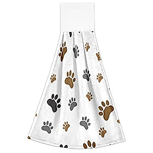 ALAZA Animal Paw Dog Footprint Hanging Kitchen Towel 2 Pack,Soft Quick Drying Coral Velvet Hand Towels with Loop for Bathroom Kitchen Washcloth Absorbent Tie Towel