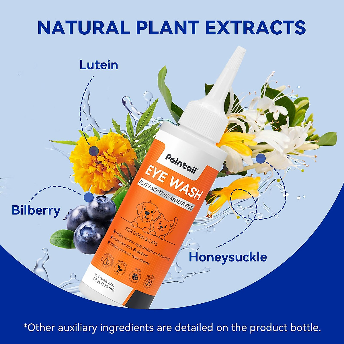 Pointail Eye Drops for Dogs & Cats, Gentle Formula Dog Eye Wash, Dog Eye Rinse to Remove Debris, Prevent Tear Stains, Relieves Eye Irritation, 4oz