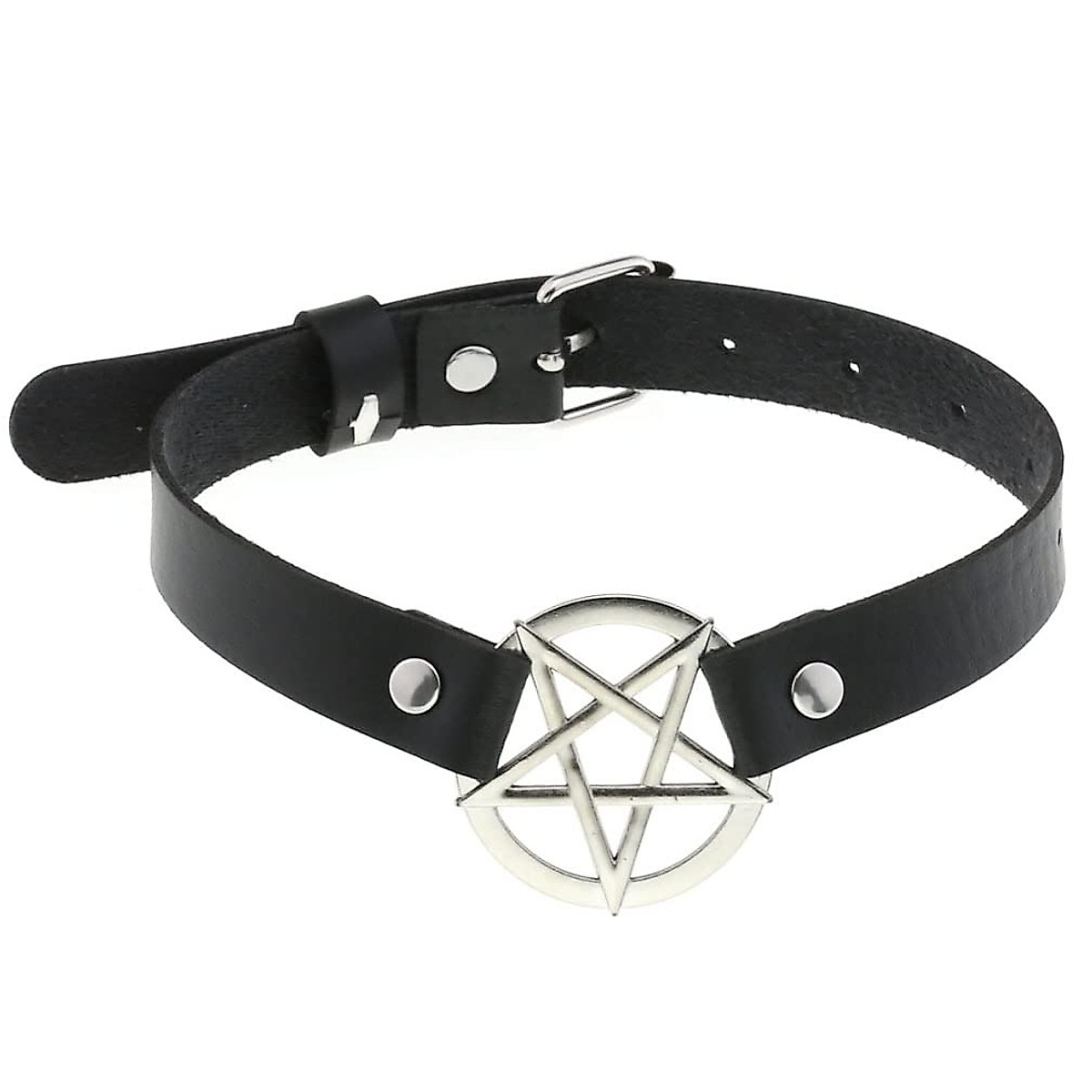 FM FM42 Black PU Simulated Leather Silvert-Tone Pentacle Star O Ring Collar Choker Necklace