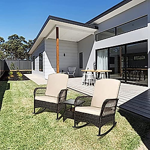 LEVELEVE 3 pcs Rocking Bistro Set Conversation Chairs PE Wicker Outdoor Rocking Chairs & Glass Table,for Porch Lawn Garden Backyard Deck