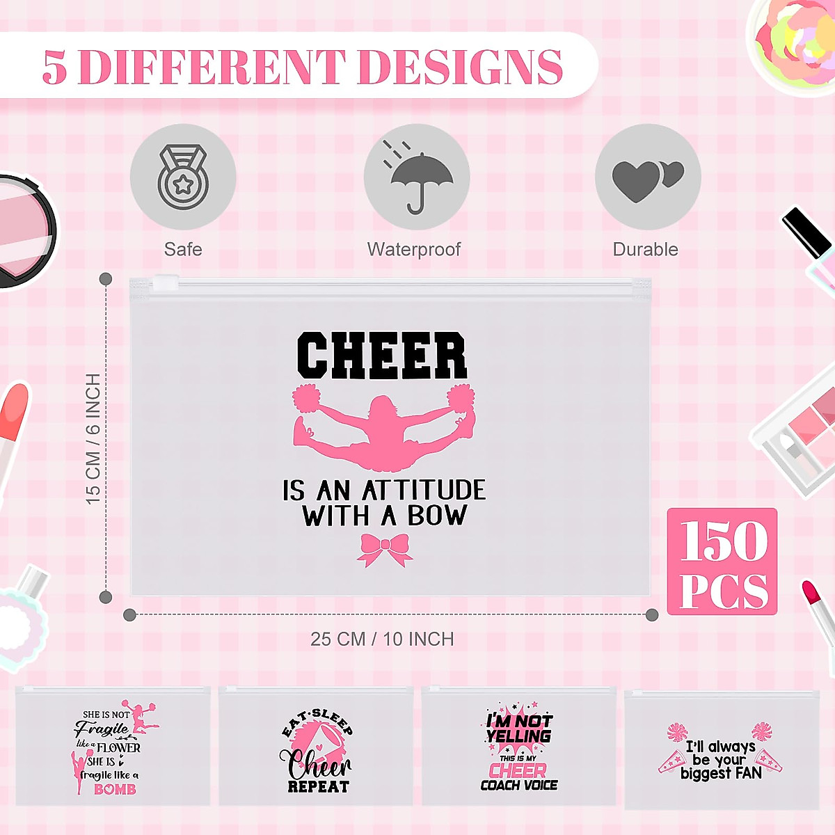 Sweetude 150 Pcs Cheerleader Gifts Bulk Cheer Makeup Bag Cosmetic Cheerleading Bag with Zipper Clear Cheerleader Travel Pouch Cheerleading Case for Girls Teammates Toiletry Accessories Gifts, 5 Styles