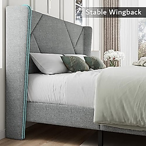 iPormis King Size Wingback Bed Frame, Modern Platform Bed with Minimalist Headboard, 8-in Storage Space/Heavy-Duty Structure/No Box Spring Needed/Noise-Free, Light Gray