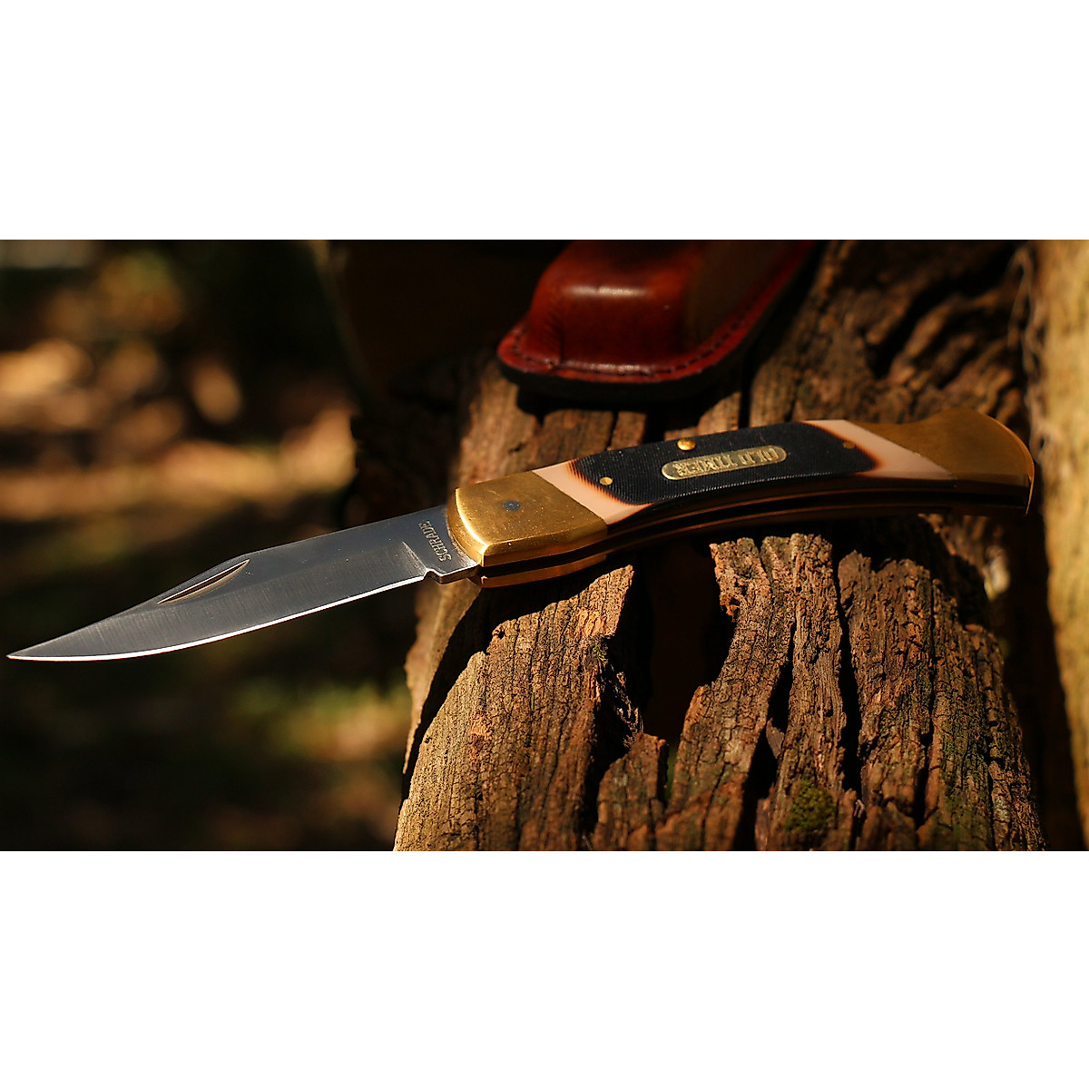 Old Timer 7OT Cave Bear Traditional Lockback Pocket Knife with 3.9in High Carbon Stainless Steel Blade, Sawcut Handles, and Leather Belt Sheath for Hunting, Camping, Whittling, EDC, and Outdoors