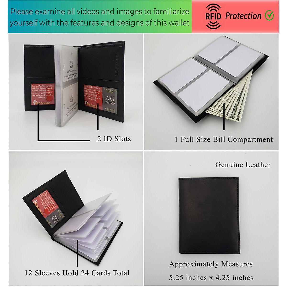 ag wallets RFID Signal Blocking Leather European Hipster Wallet, Black, 5 x 4.5-Inch