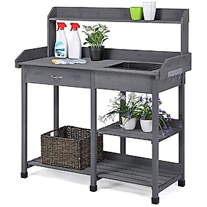 Yaheetech Outdoor Potting Bench Table Potters Benches Garden Workstation for Horticulture with Drawer/Adjustable Shelf Rack/Removable Sink/Hooks/Pads, Gray