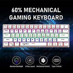 60% True Mechanical Gaming Keyboard Mouse Set, Type C Wired 61 Keys Layout Rainbow LED Backlit USB Waterproof Keyboard Anti-ghosting Keys+Lightweight RGB Mice 6400DPI for Computer/PC/Laptop/MAC(White)