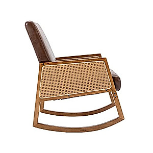 Haplized Brwon Leather Rocking Chair, Modern Rattan Armrests Accent Chair with Padded Seat and High Backrest, Comfy Rocker for Nursery, Living Room, Bedroom