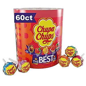 Chupa Chups Candy Lollipops, 5 Assorted Flavors, Drum Display for Parties Office Concessions, 60 Count Drum(Pack of 1)
