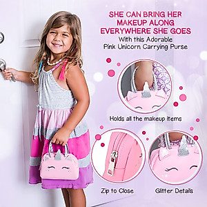 Pretend Play Makeup Kit for Little Girls with Unicorn Purse: Fake (Not Real) Make up Toy Set for Toddlers and Kids - Includes Hair and Nails Accessories, Baby Girl Toys Princess Toddler Gift Set