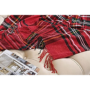 Saukiee Plaid Throw Blanket Red with Tassels 50 x 60 inches Tartan Chenille Throw Fringe for Couch Sofa Bedroom Christmas Decor