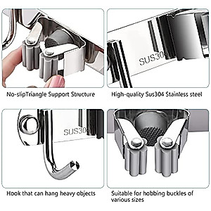 ONMIER Broom Holder Wall Mount Stainless Steel Mop and Broom Holder Wall Mounted Broom Tools Storage Organizer with 3 Racks 4 Hooks for Home Kitchen Garden Laundry Room (2 PACK)