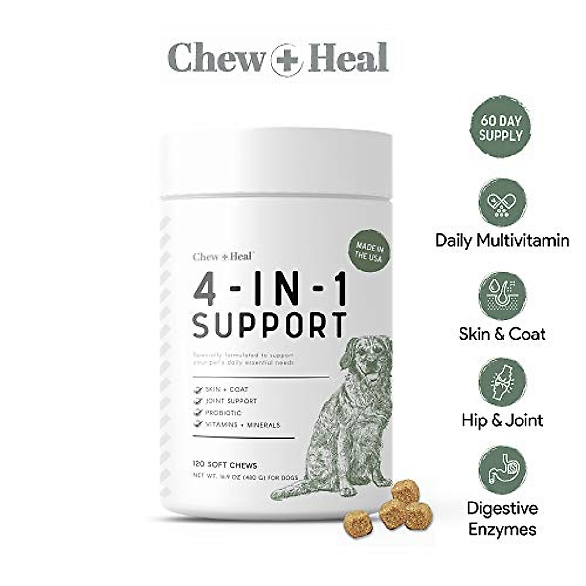 Chew + Heal All in 1 Dog Vitamin - 120 Soft Chew Treats - Chewable Multivitamin with Probiotics, Digestive Enzymes, for Skin and Coat, Hip and Joint Support - with Omega, Calcium - Made in The USA