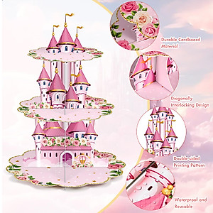 Zopeal 3 Tier Princess Birthday Cupcake Stand Party Decorations Floral Princess Cupcake Holder Pink Castle Crown Carriage Dessert Tower for Girls Birthday Princess Theme Baby Shower Party Supplies