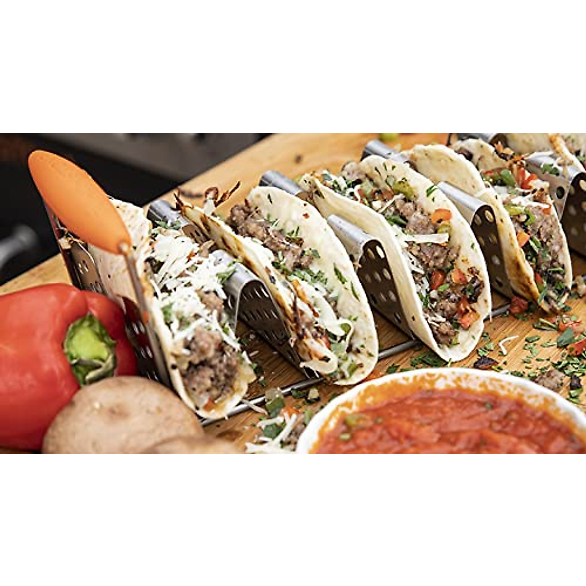 Blackstone 5173 Deluxe Holder Stand Pack of 2 Stainless Steel Racks with Heat Resistant Handles-One Tray Holds 6 Tacos-Dishwasher Safe, Orange/Silver