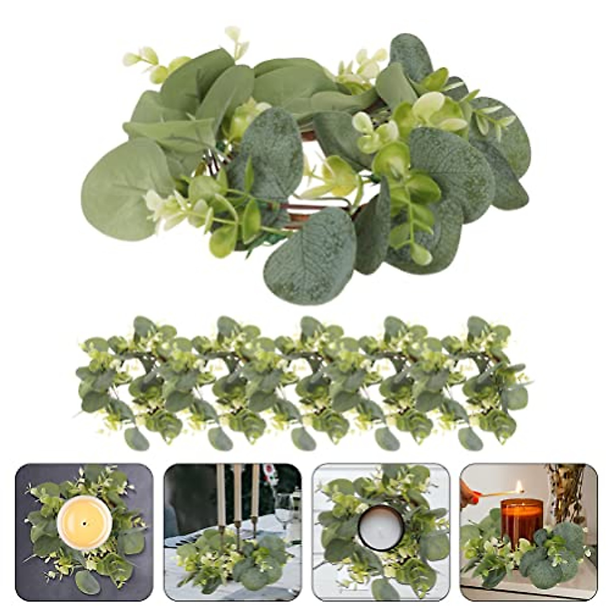 Toddmomy 6pcs Artificial Eucalyptus Leaf Wreaths Round Greenery Garland Candle Rings Layout Hanging Wreath Decoration for Home Front Door Farmhouse