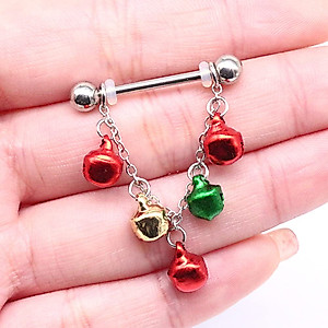 14G Jingle Bell Dangle Nipple Rings Stainless Steel Hoop Earrings Nipple Tongue Ring Barbell Piercing Red Green Ball Bead Christmas Nipple Piercing Jewelry for Women