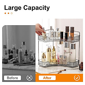 INVSSENE Corner Bathroom Countertop Organizer, 2 Tiers Vanity Trays for Bathroom Counter, Makeup Organizer, Perfume Tray, Kitchen Spice Rack, Fits 90 Corner, Smoky Gray