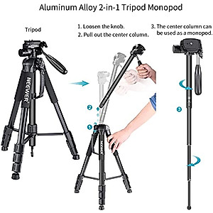 NEEWER Portable Aluminum Alloy Camera 2 in 1 Tripod Monopod Max. 70"/177cm with 3 Way Swivel Pan Head and Carrying Bag for DSLR, DV Video Camcorder (SAB264, Black)