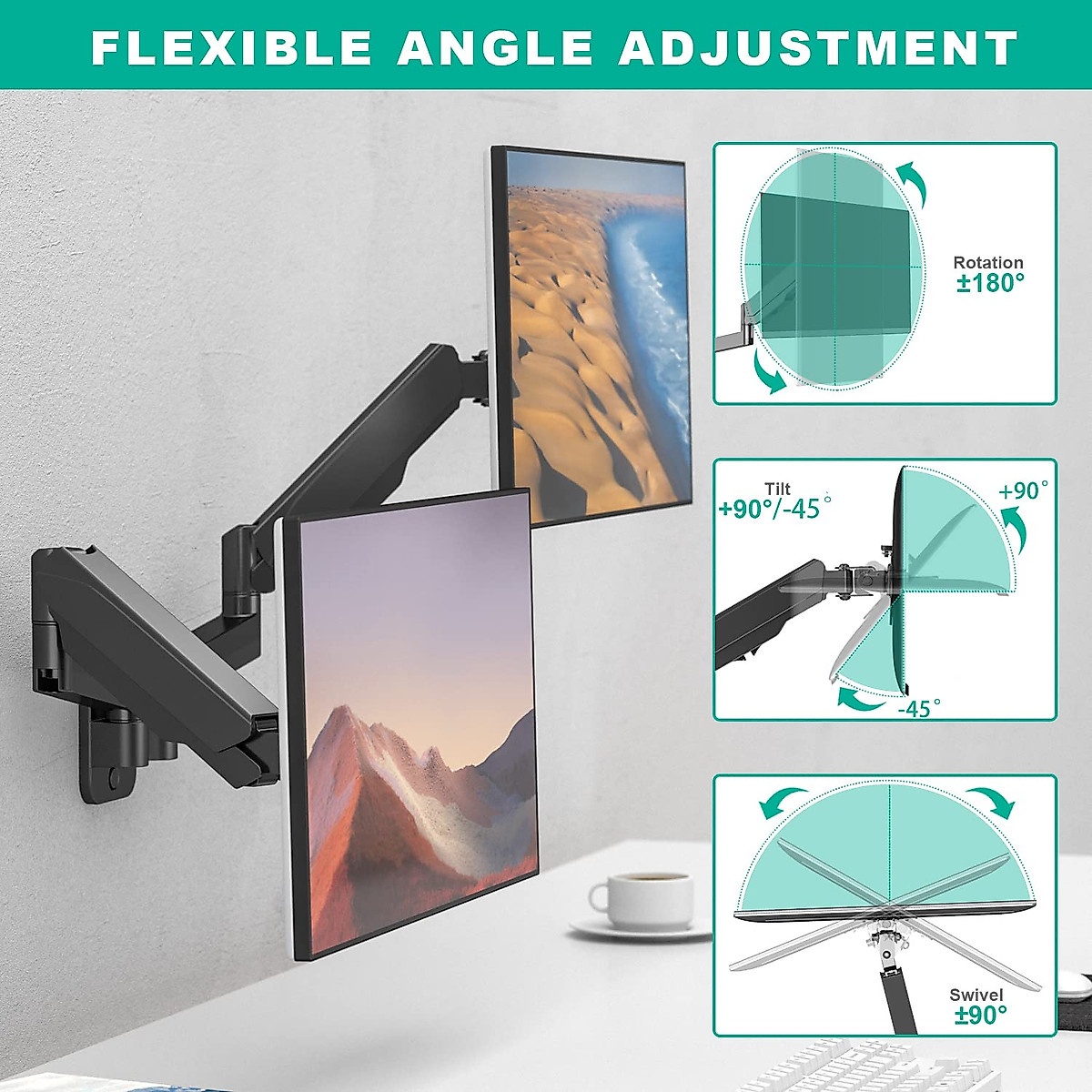 UPGRAVITY Dual Monitor Wall Mount, Double Monitor Wall Stand for Two 17-32 inch Flat/Curved Computer Screens, Height Adjustable Gas Spring Monitor Wall Monitor, Hold Up to 17.6lbs, VESA 75/100