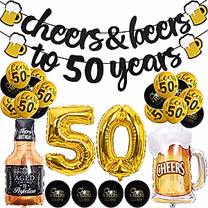 50 Year Anniversary Decorations - Cheers & Beers To 50 Years Banner Fifty Sign Latex Balloon 32 inch "50" Gold Balloon 35 inch Cheers Beers Cups Foil Balloons for 50th Birthday Wedding Party Supplies