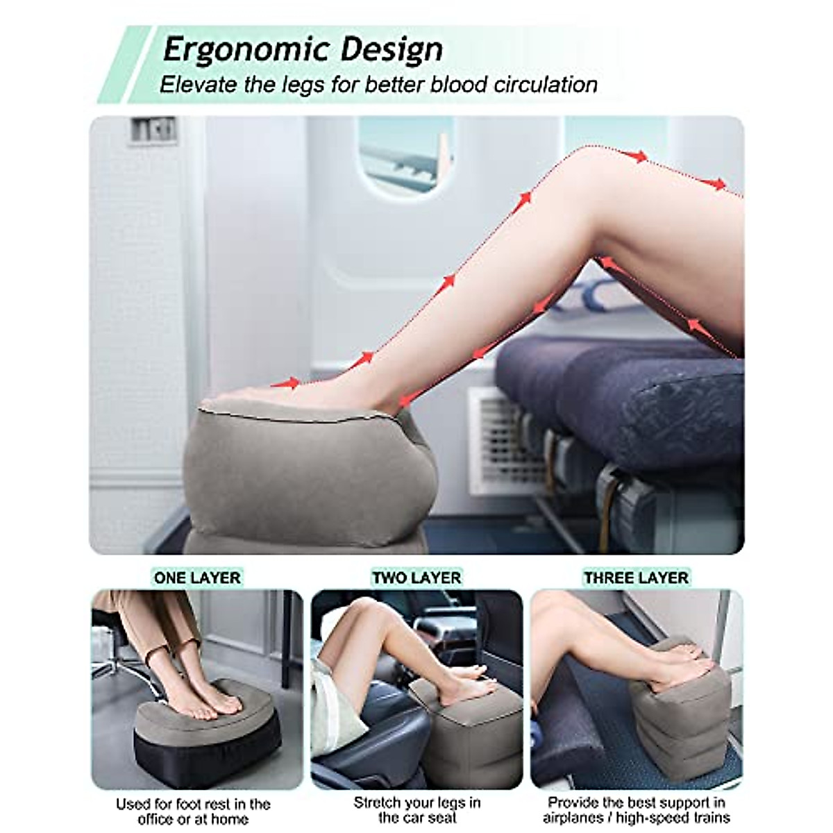 JefDiee Inflatable Travel Foot Rest Pillow, Kids Airplane Bed, Adjustable 3 Layers Height Leg Rest Pillow, Adults Travel Essentials Great for Airplane, Office, Home, Trains, Cars