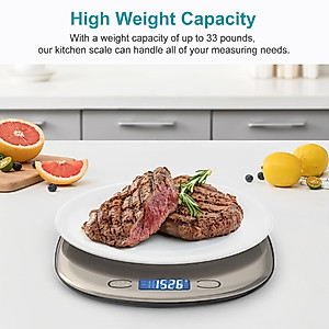 Ultrean Food Scale 33lb/15Kg Digital Kitchen Scale for Food Ounces and Grams Cooking Baking, 1g/0.1oz Precise Graduation, USB Rechargeable, 6 Weight Units, Tare Function