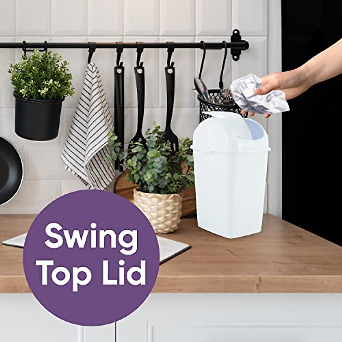 Superio 1.25 Gal Mini Plastic Trash Can with Swing Top Lid Small Waste Bin for Countertop, Desk, Vanity, Bathroom 5 Quart (White)