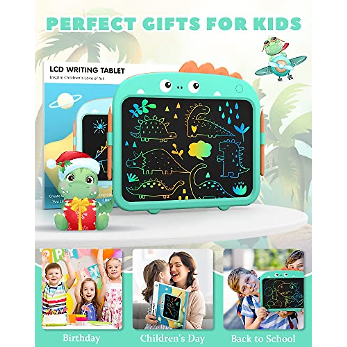 Derabika LCD Writing Tablet for Kids Dinosaur Toys,13.5 Inch Drawing Pad Doodle Board, Toddler Toys Drawing Board Birthday Gift, Drawing Tablet for Boys Girls 3 4 5 6 7 8 Years Old(Green)