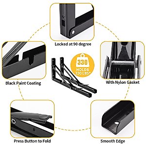 YUMORE Folding Shelf Bracket Heavy Duty, 12 Inch Collapsible Shelf Bracket, Black DIY L Bracket for Workbench Folding Table Hinge, Max Load: 330lbs, 2 Pack