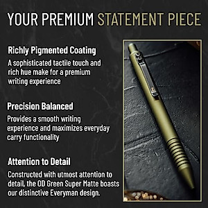 Everyman OD Green Super Matte Grafton Pen, Aluminum Pocket-Size Writing Pen, Luxury EDC Premium Ink Pen, Bold Point Ballpoint Pens, Office Supplies, Fine Point, Smooth Writing Pen with Grooved Grip