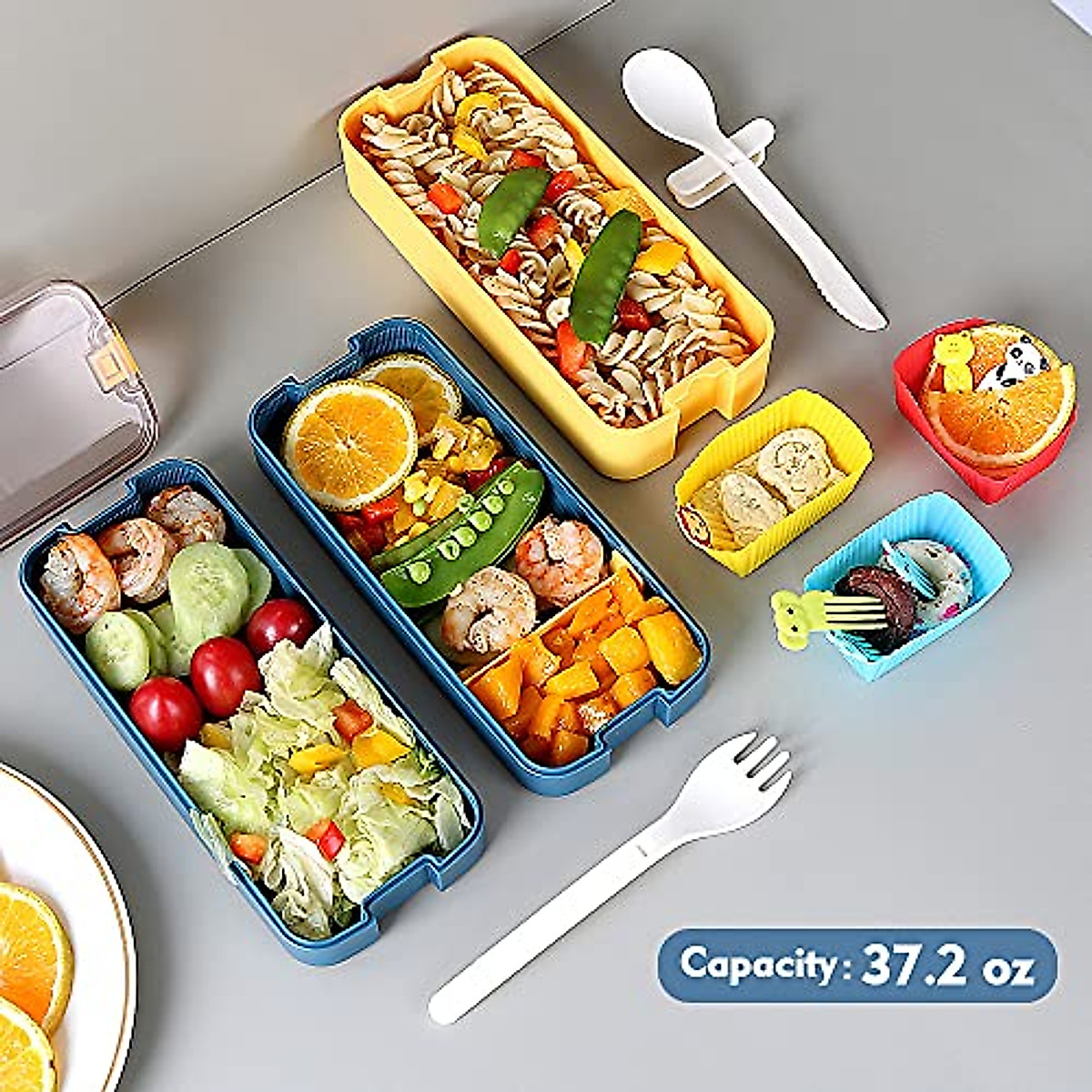 Onanuto Bento Box Adult Lunch Box, 3 in 1 - kids bento box kit with Sandwich Cutters, Microwave Safe Lunch Containers with Lunch Bag Stackable Bento Lunch Box Set (Blue)