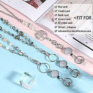 3 Pieces ID Badge Lanyard Necklace with ID Holder Clip Stainless Steel Beaded Chain Retractable Badge Reel Valentine Present (Chic Style)