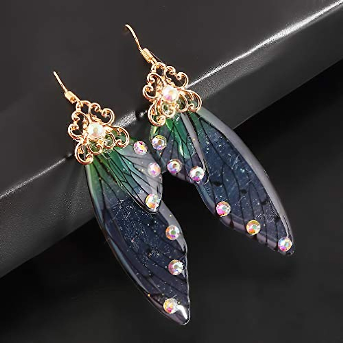 HELPFLOWER CH Handmade Fairy Simulation Butterfly Wing Earrings Foil Rhinestone Earring Romantic Jewelry,Golden Green