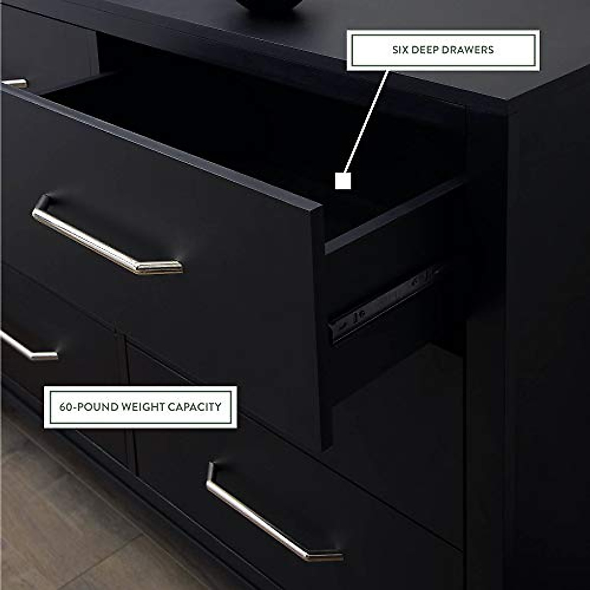 Edenbrook Bedroom-Six Drawer-Modern Design-Easy Assembly, Black Dresser, 55x35x16 inches