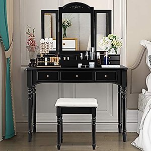 DORTALA Makeup Vanity Table Set w/ 7 Drawers, Removable Tri-Folding Mirror w/ 8 Jewelry Necklace Hooks, Dressing Table w/ Open Storage Box & Cushioned Stool, Solid Wood Legs,Black