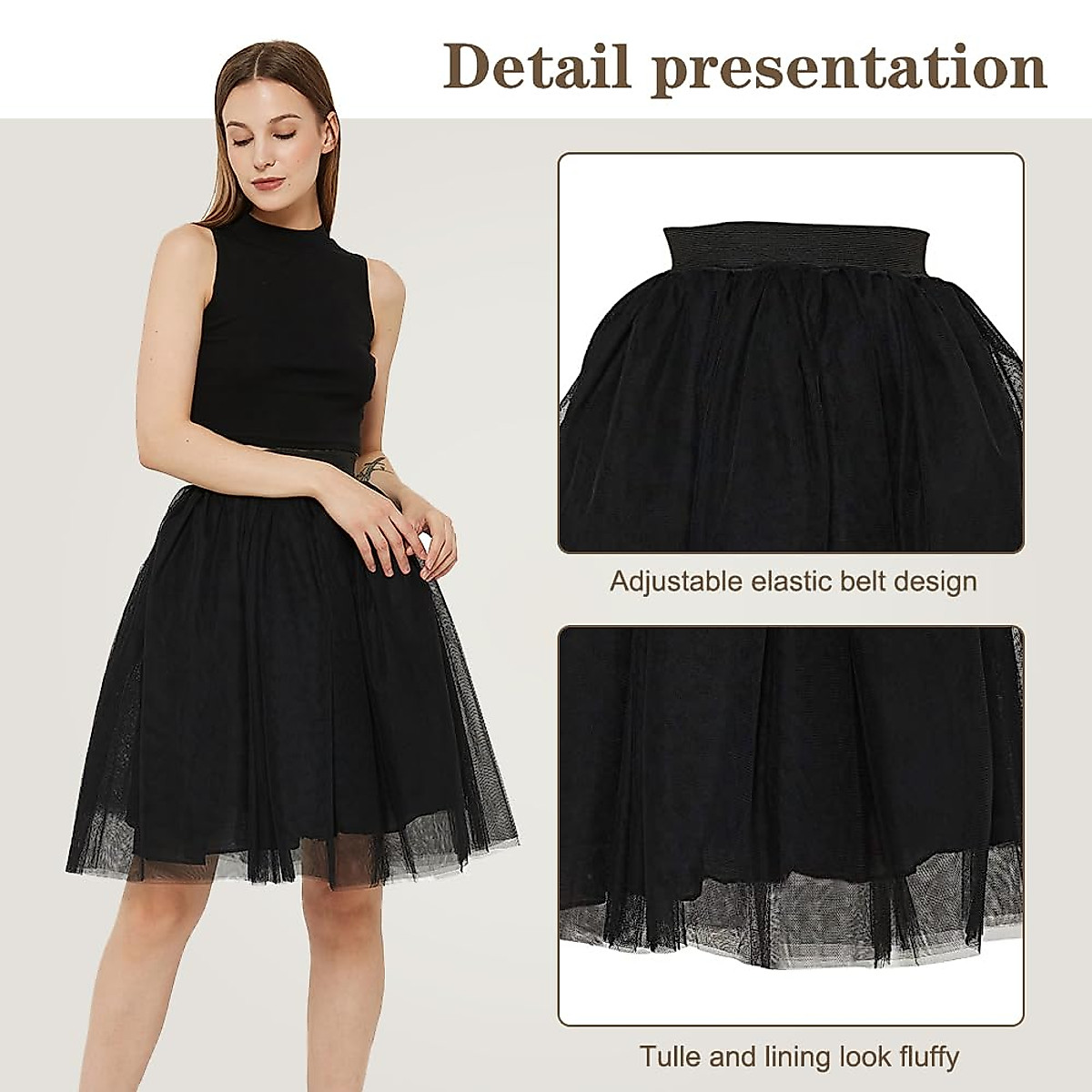 WEISIPU Women's 6 Layer Short A Line Elastic Waistband Tutu Tulle Prom Princess Midi Dance Skirt Black M
