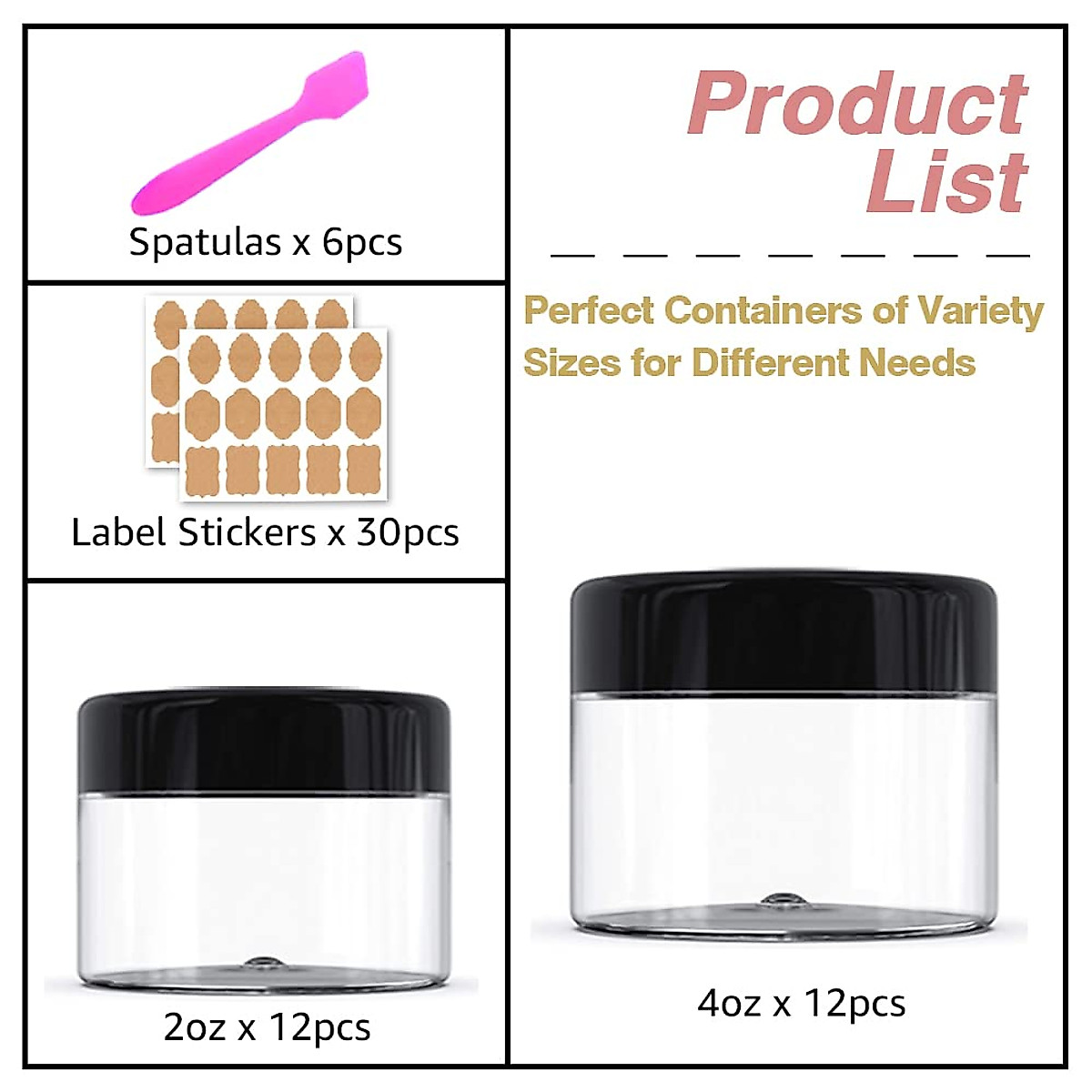 4 oz Body Butter Containers with Lids + 2oz Small Plastic Containers with Lids (Set of 24) Plastic Jars with Lids Cosmetic Jar - for Lip Scrub, Cream, Slime, Craft Storage