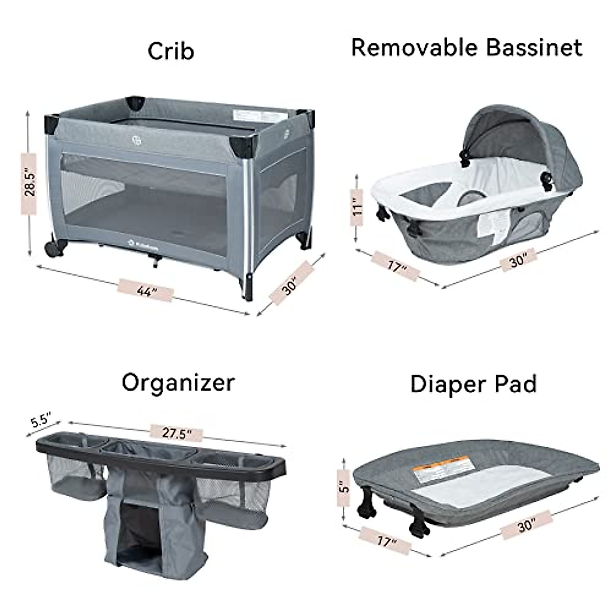 Fijinhom Baby Nursery Center Changing Table 3 in 1 Portable Crib Bedside Playard Foldable with Bassinet Diaper Table Toys Indoor